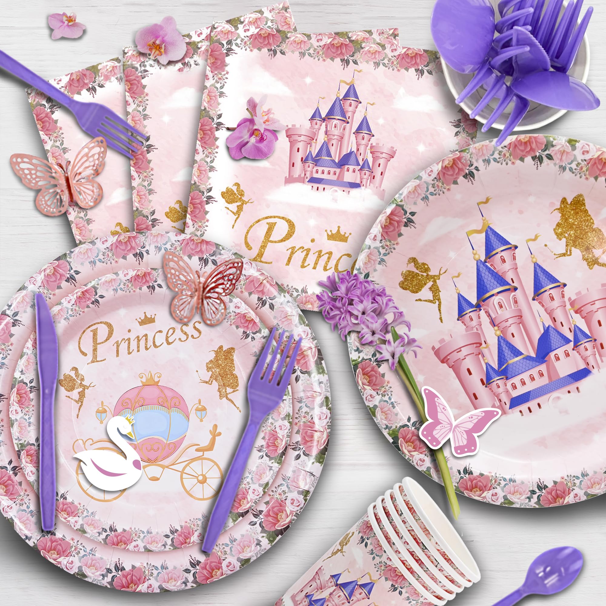 Party Spot! 208 PCS Princess Birthday Party Decorations For Girl, 12 Tableware Sets, Castle Balloons, Balloon Arch, Disposable Paper Plates, Backdrop, Balloon Pump, Princess Party Decorations