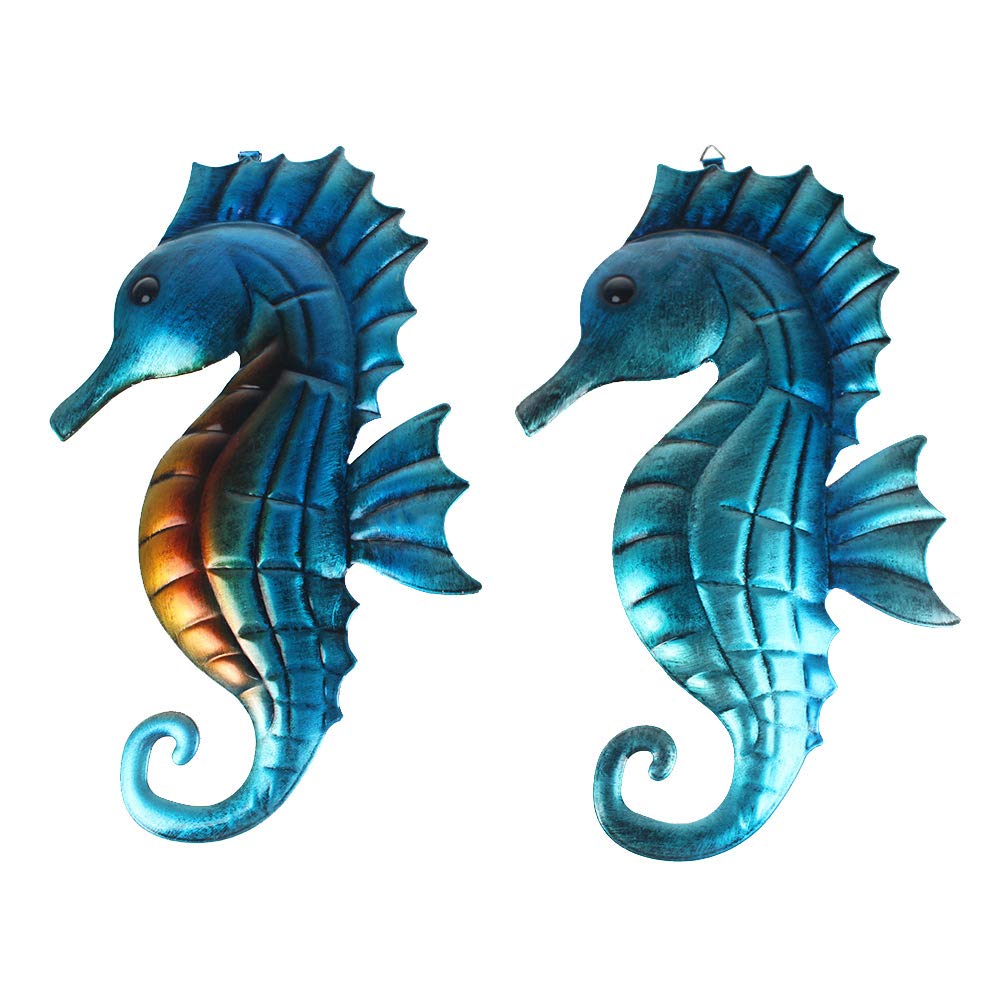 FANN 2 Packed Metal Seahorse Wall Art Decor Hanging Vivid Colorful Hippocampus Nautical Theme Garden Decorations Outdoor Or Indoor 13”x 8”