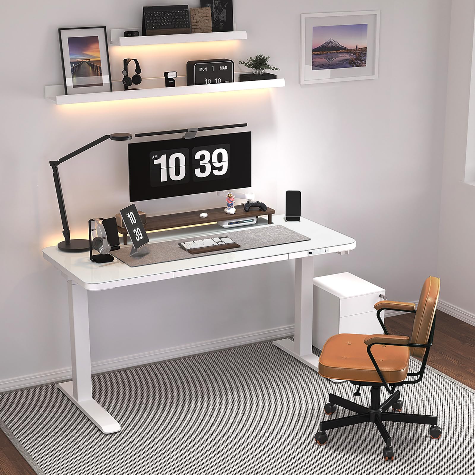 ERGOMORE Glass Standing Desk with Drawer - 45 x 23 Inches Adjustable Height Desk with Memory Preset & USB Ports, Sit Stand Desk for Home and Office (White)
