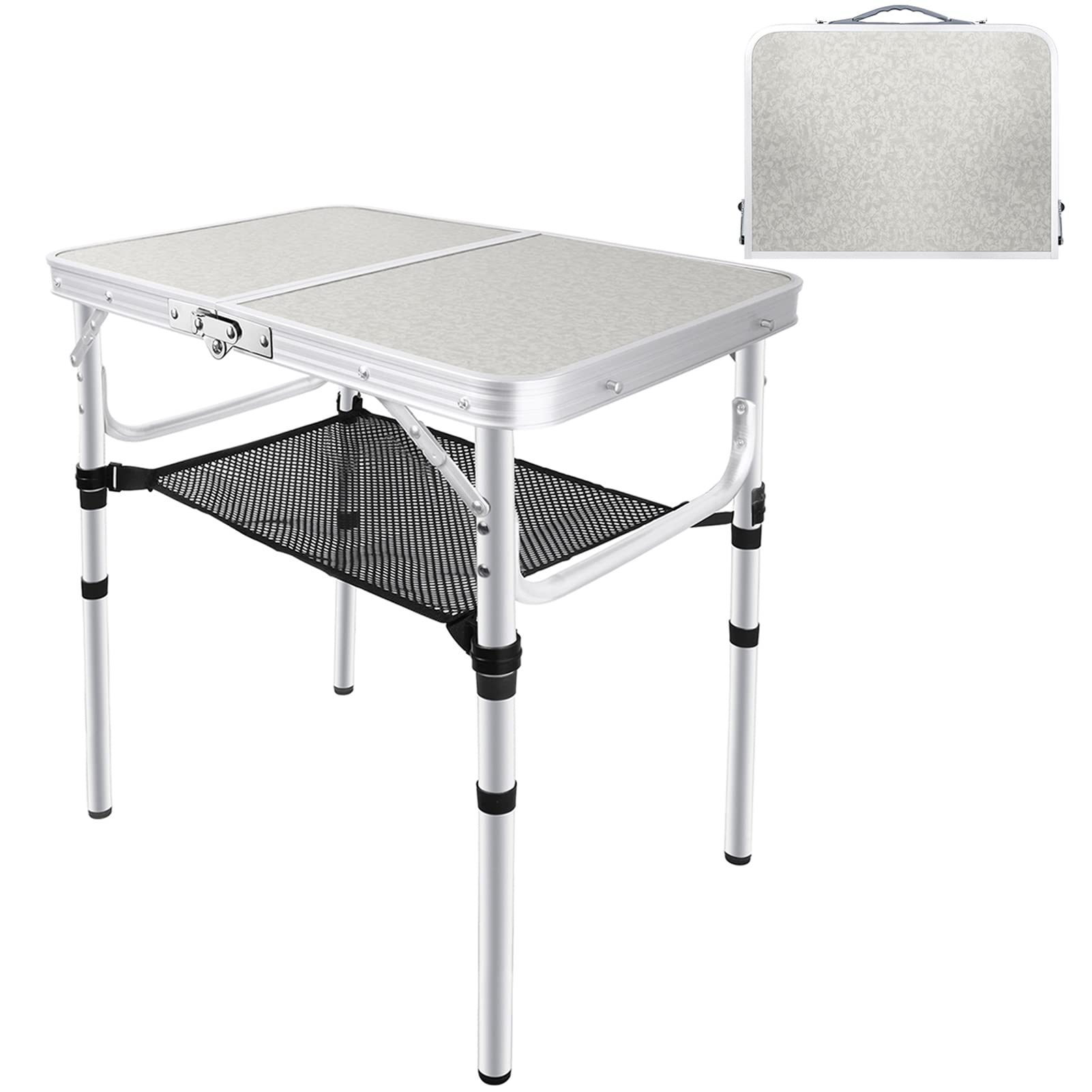 EXCELFU Small Folding Camping Table, Portable Adjustable Height Aluminum Camp Tables with Storage Mesh Lightweight Folding Table for Outdoor Indoor, Camp, Picnic, Cooking, Beach (3 Heights)