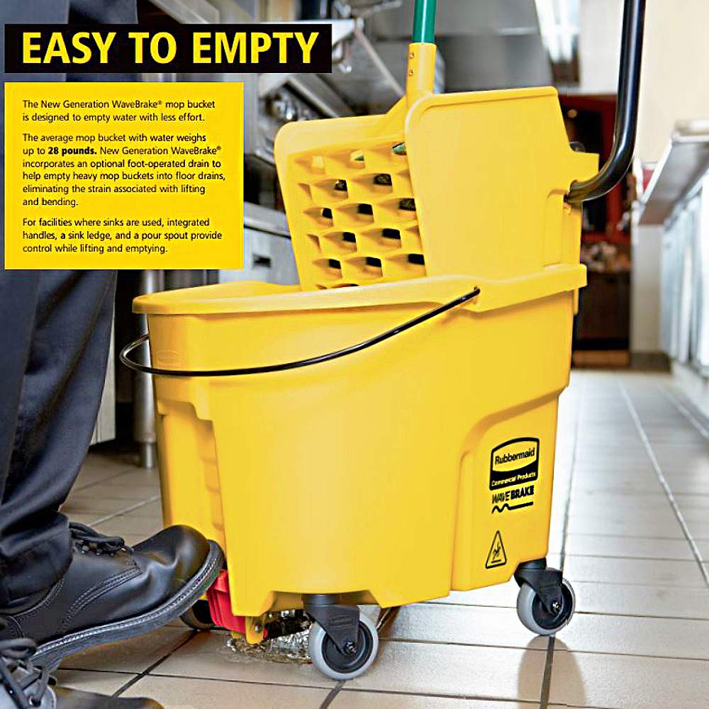 Rubbermaid Commercial Products WaveBrake 44 QT Side-Press Mop Bucket and Wringer Combo on Wheels with Foot Drain, Yellow, for Heavy-Duty Floor Cleaning