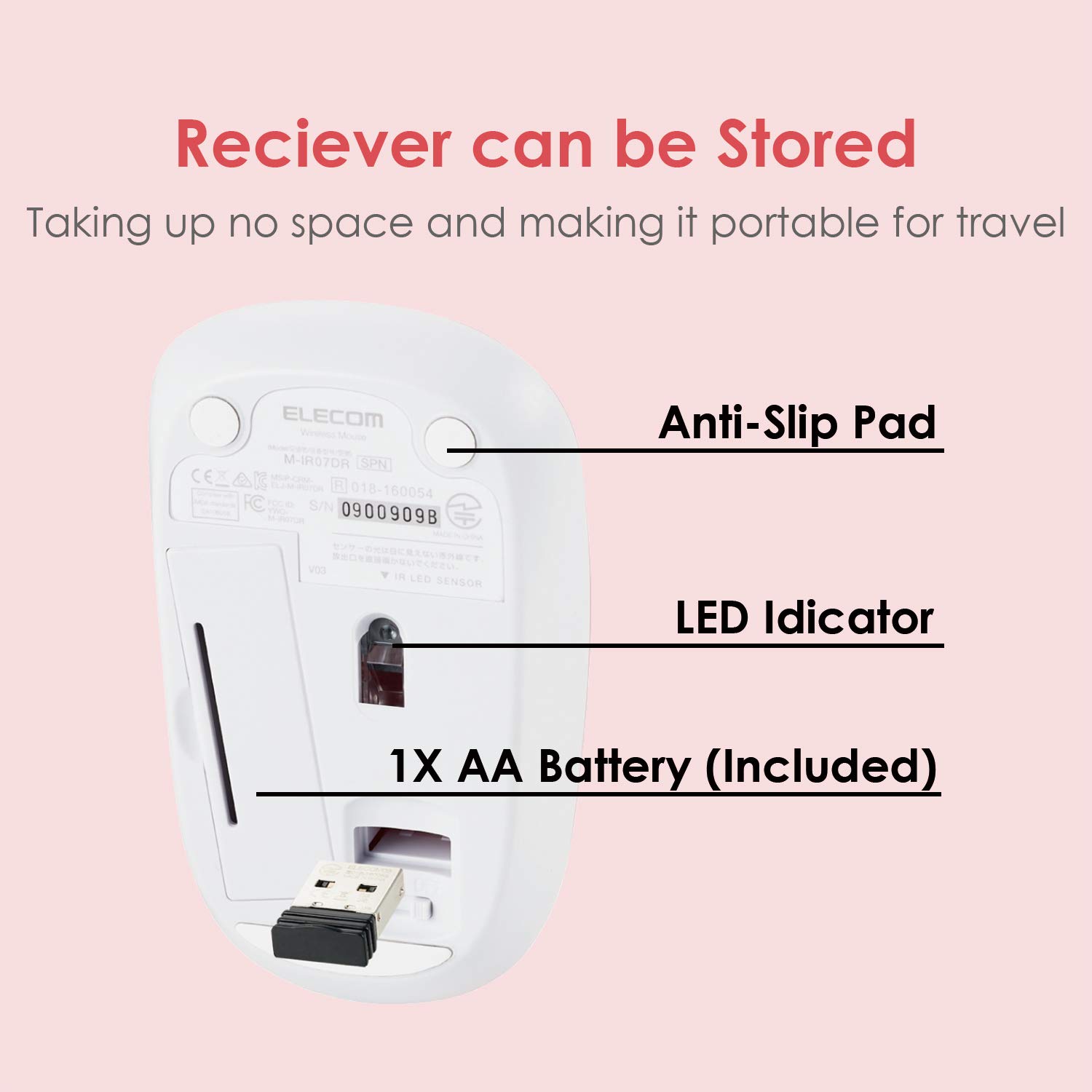 ELECOM 2.4G Wireless, Portable Mobile Smiley-Face Mouse for Right/Left Handed Use, IR LED, 1200 DPI 2.5 Years Long Battery Life, Recommended Silent Click (M-IR07DRSPN)