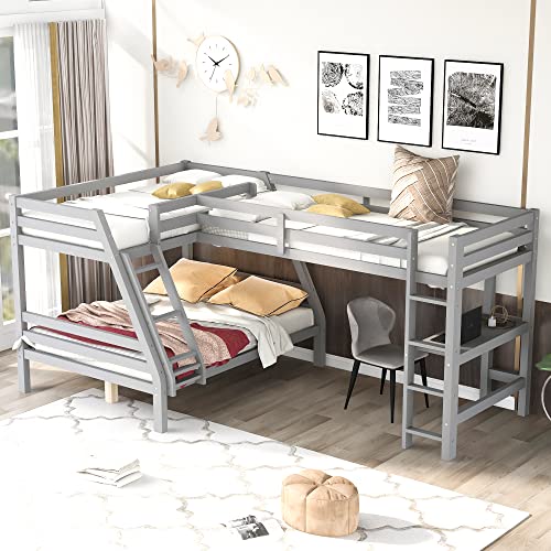Merax Wood L-Shaped Bunk Bed with a Loft Attached, Triple Bedframe with Desk, Guardrails, and Ladders, Twin Over Full, Gray