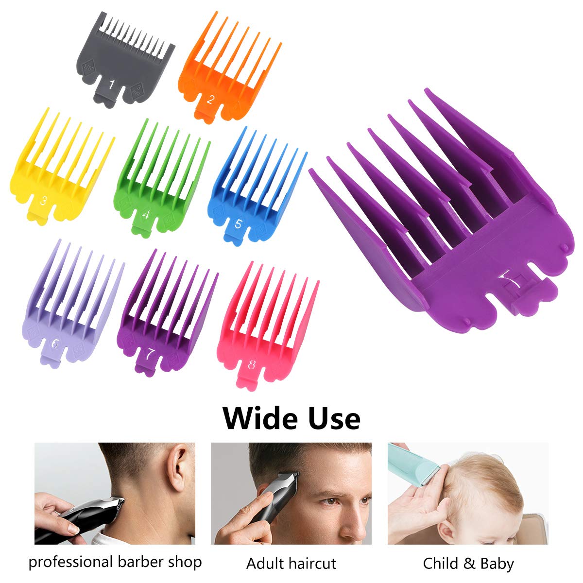 Harapu 8Pcs Colorful Professional Hair Clipper Combs Guides 1/8” to 1”,Attachment Guide Combs Replacement Guards Set for Wahl Clippers/Trimmers