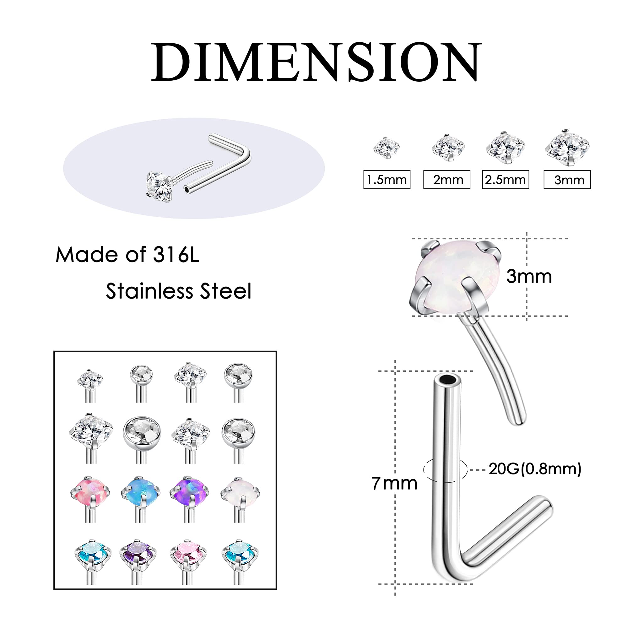 FIBO STEEL Threadless Nose Rings Studs for women Push in L Shaped Nose Studs Surgical Stainless Steel CZ Opal Nose Rings Studs Nose Piercing Jewelry 1.5mm 2mm 2.5mm 3mm 20G