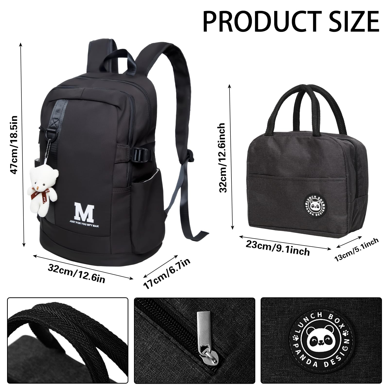 HengQiYu Boys and Girls Insulated Lunch Bag Set Backpack, Youth School Backpack, Children's Backpack, Laptop Backpack (Black)