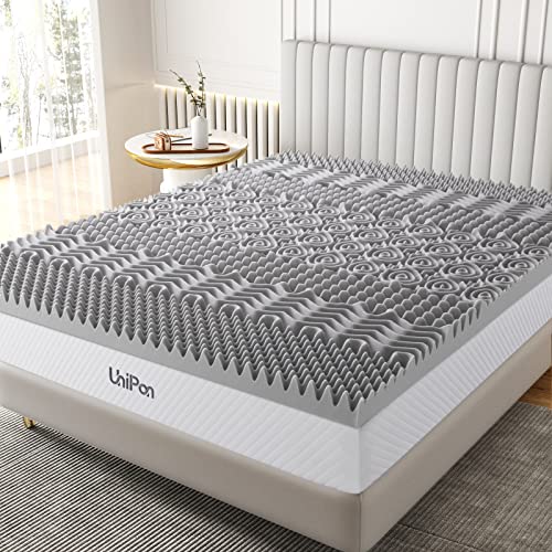 UniPon 3 Inch Egg Crate Memory Foam Mattress Topper, Charcoal Infused Mattress Topper, 7 Zones Foam Bed Topper, CertiPUR-US Certified (Queen)