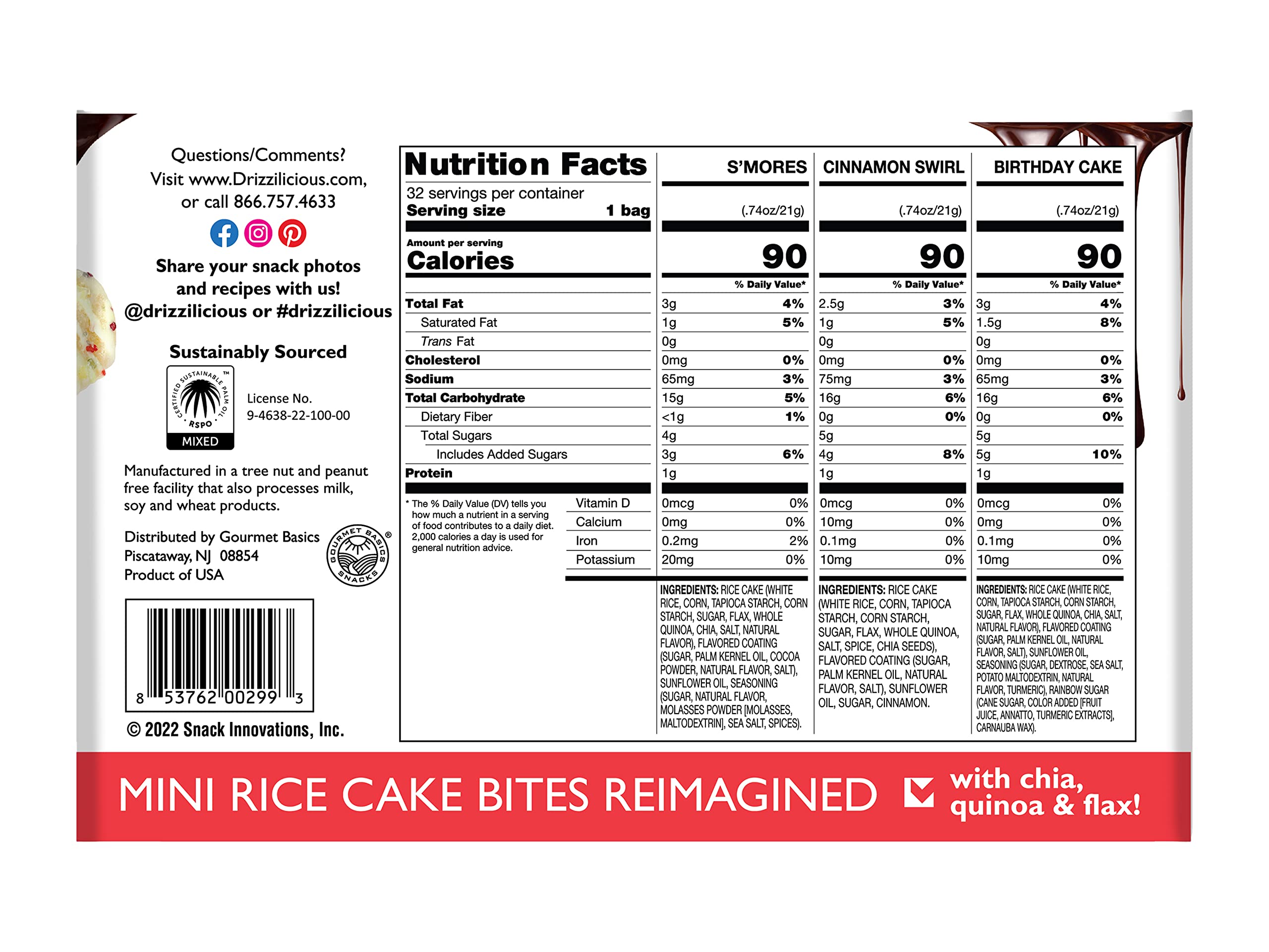 Drizzilicious Variety Pack .74oz 32 count | S'mores, Cinnamon Swirl and Birthday Cake | Mini Snack Chocolatey Rice Cakes | Vegan Air Popped Chia, Quinoa, Flax Snack …