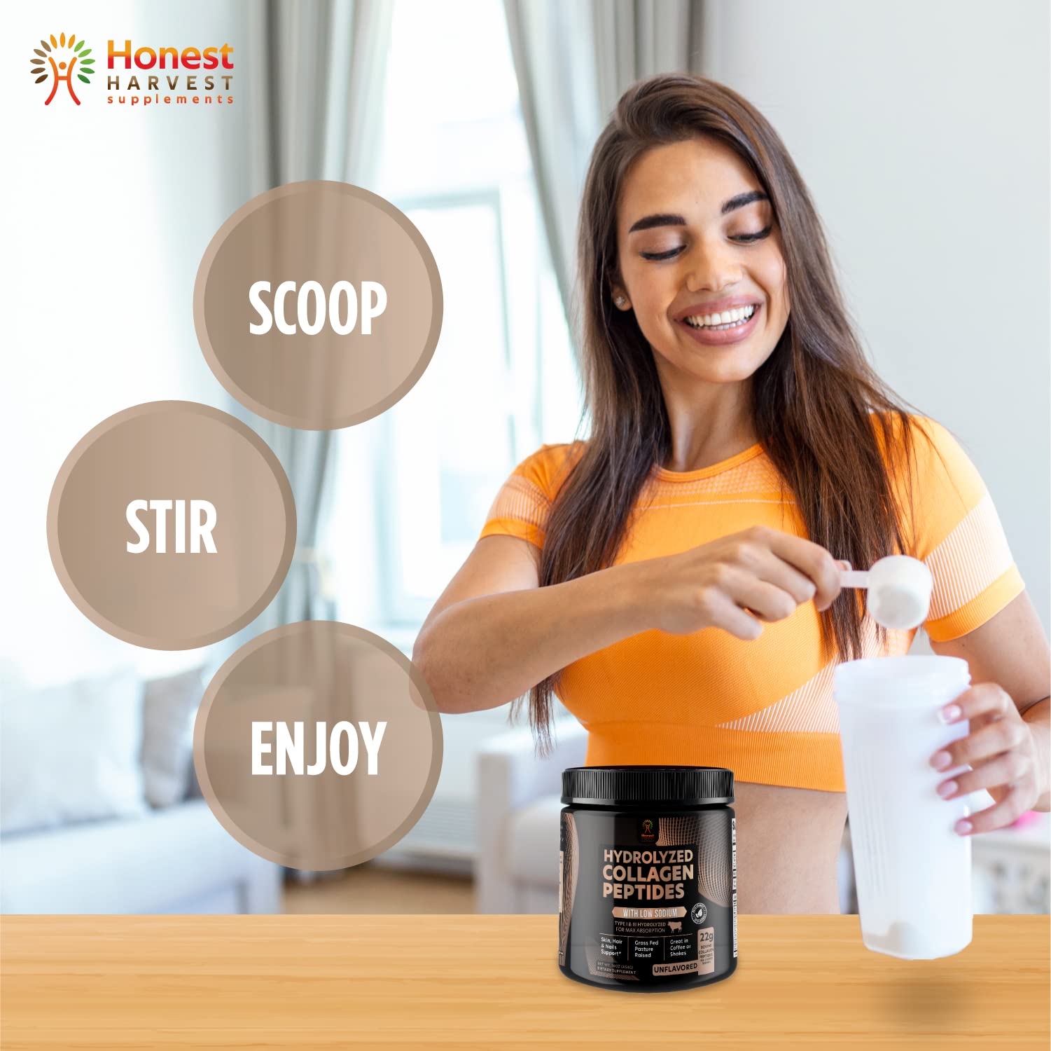 Honest Harvest Supplements Hydrolyzed Collagen Peptides Powder | Low Sodium Keto Friendly - Support Skin, Hair & Nails, Joints- 22g Serv | Unflavored Grass Fed Pasture Raised Type I & III Collagen