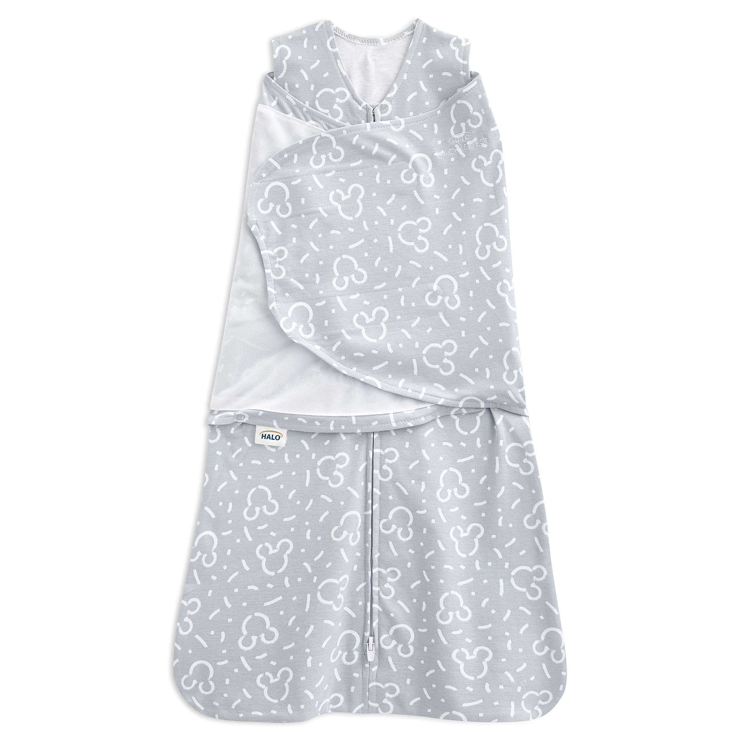 HALO 100% Cotton Sleepsack Swaddle, 3-Way Adjustable Wearable Blanket, TOG 1.5, Confetti Mickey Grey, Small, 3-6 Months
