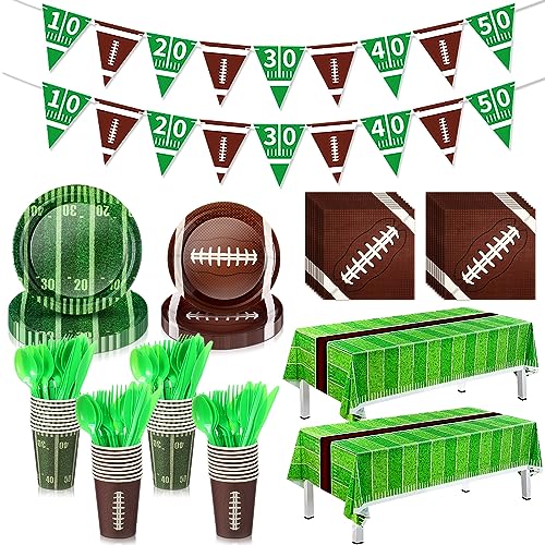 Preboun 214 Pcs Football Party Supplies Dinnerware Set for 30 People, Football Party Decorations Including Plates, Cups, Napkins, Tablecloth, Banner, Knives Forks and Spoons Set for Sports Birthday