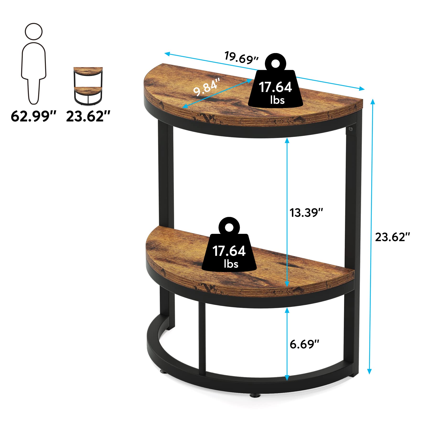 Tribesigns 2-Tier End Table Semi Circle, Small Half Round Side Table with Storage Shelf, Wood Accent Table Slim C Table for Sofa Couch, Living Room, Bedroom, Small Space, Easy Assembly, Rustic Brown