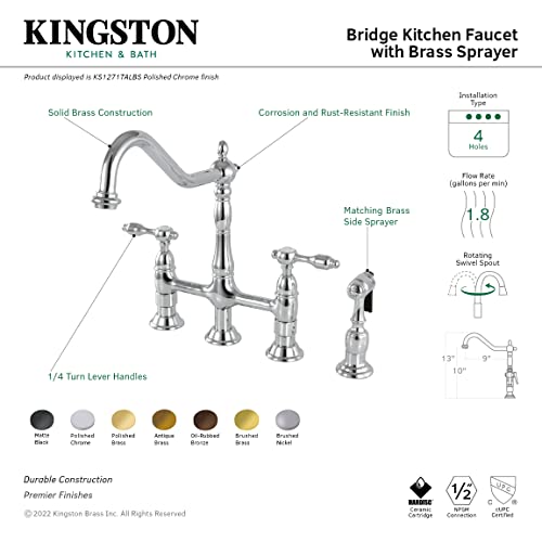 Kingston Brass KS1271TALBS Tudor 8 Inch Center Kitchen Faucet With Brass Sprayer, Polished Chrome, 8-3/4 inch in Spout Reach, Polished Chrome