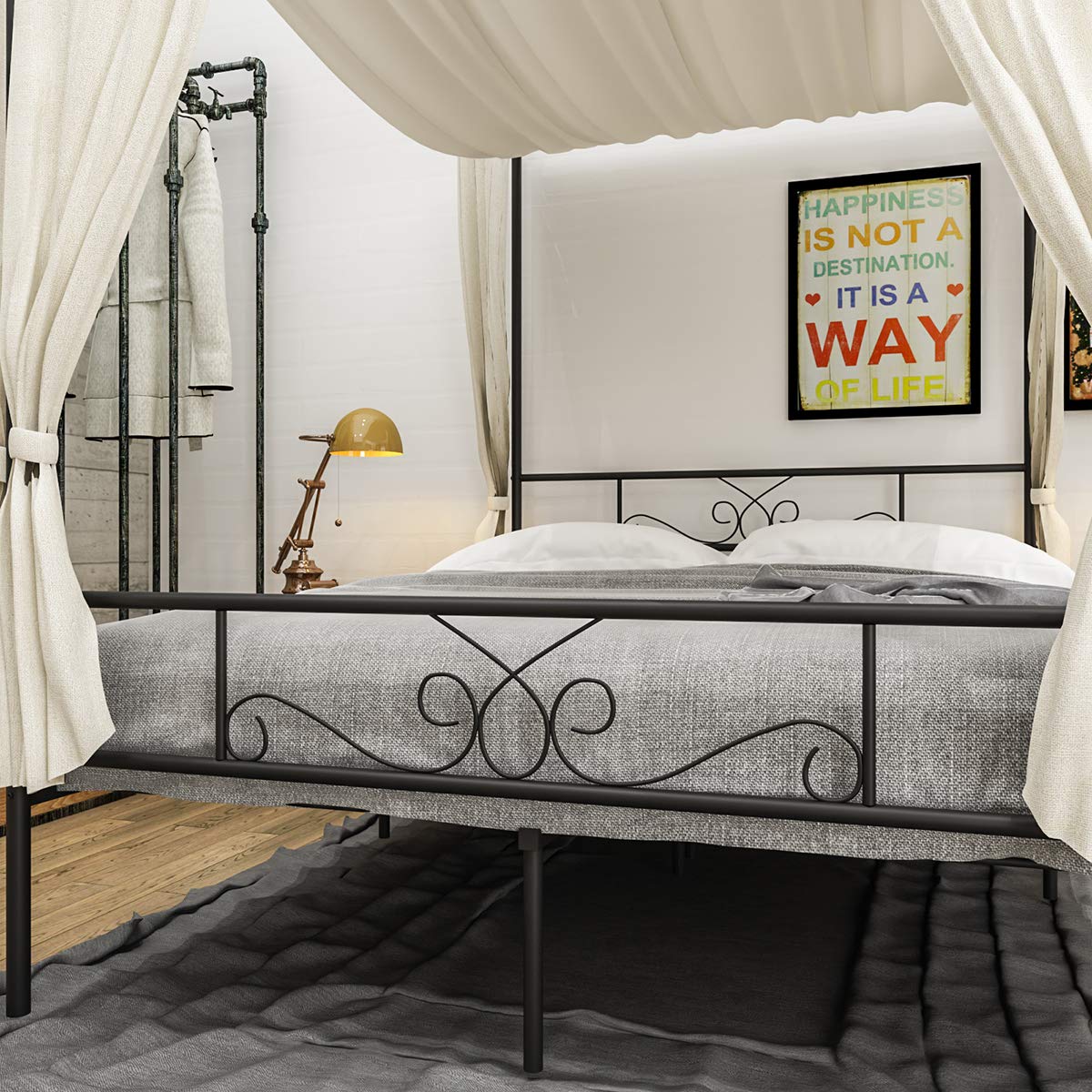 Weehom Full Canopy Bed Frame with Headboard and Footboard, 4 Posters Metal Bed Frame, No Box Spring Needed, Mattress Foundation Platform Bed for Kids and Adults, Black