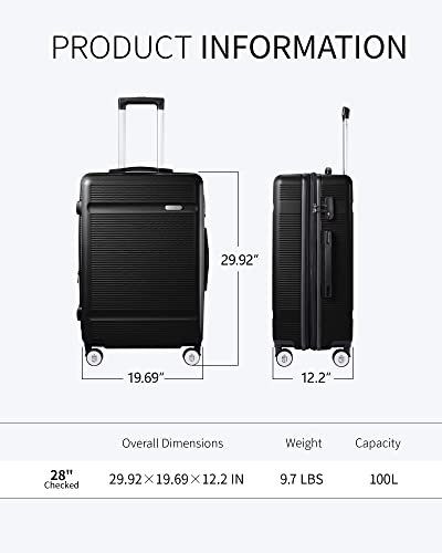 Zitahli Luggage, Expandable Suitcase Checked Luggage, Hardside Luggage with TSA Lock Spinner Wheels YKK zippers, 28in (Black)