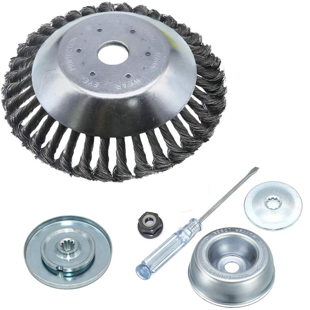 GS 6Pcs 8 in Steel Wire Brush Cutter Trimmer Head Set,with Thrust Washer, Rider Plate, Collar Nut, Maintenance Screwdriver, Bevel Washer,Adapter Kit for String Trimmers, Rust Removal, Lawn Mower