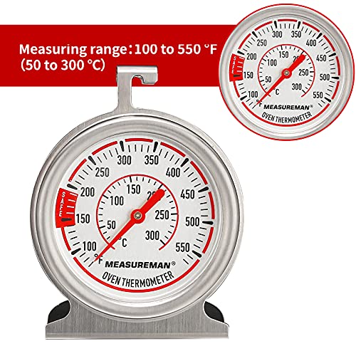 MEASUREMAN Oven Thermometer 70mm Dial Size, Heavy Duty 304 Stainless Steel Case and Fringe, with Hook, 100-550F/C, 2.5% Accuracy, Blow-Out at Back