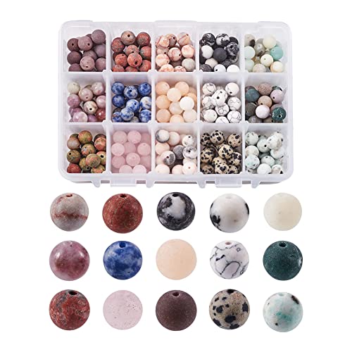 Spritewelry 300pcs 8mm Round Gemstone Beads for Jewelry Making Kit with Elastic Crystal Thread 15 Colors Natural Stone Healing Beads for Bracelets Gemstone Beading Necklace Making DIY Kit