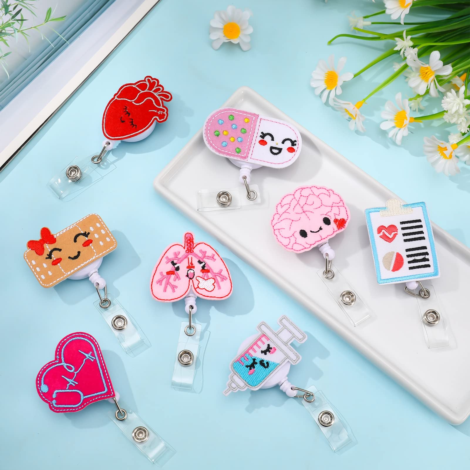 FRIUSATE 8 Pieces Nursing Badge Reel, Retractable Badge Holder Brain Heart Lung ID Reel Felt Decorative Holder with Clip for Doctor Nurse Office School Teacher Student