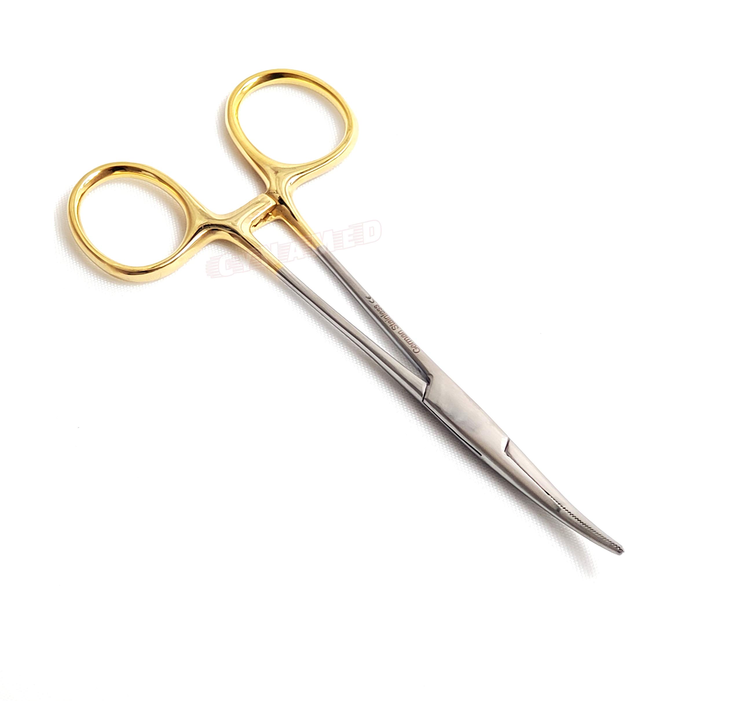 Premium German Stainless- Set of 2 PCS Gold Handle Mosquito Locking HEMOSTAT Forceps Straight + Curved 5"-Cynamed