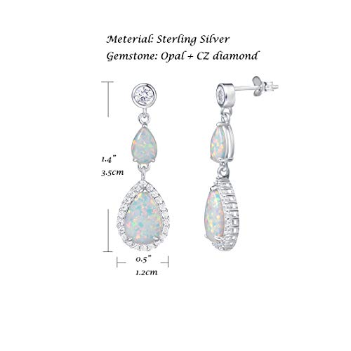 FANCIME October Birthstone Earrings Created Opal Dangle Earrings Sterling Silver 2 Stones White Fire Opal Halo Cubic Zirconia Long Teardrop Earrings for Women