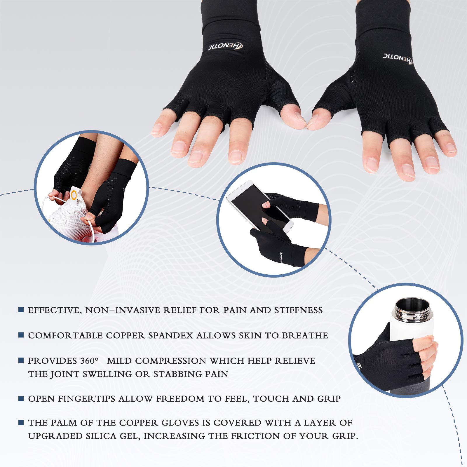 HENOTIC Copper Arthritis Gloves for Women Men, Fingerless Breathable & Moisture Wicking Arthritis Compression Gloves for Relieving Carpal Tunnel Aches, Rheumatoid Pains, Joint Swell