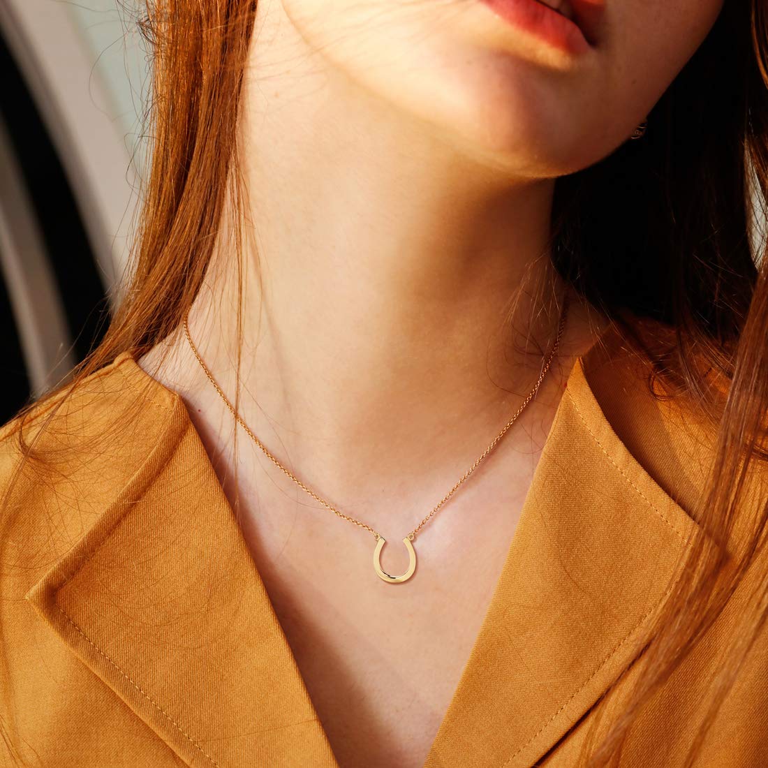 FANCIME 14K Real Solid Gold Horseshoe U Shape Pendant Necklace Fine Jewelry for Women 16+2 inch Extender