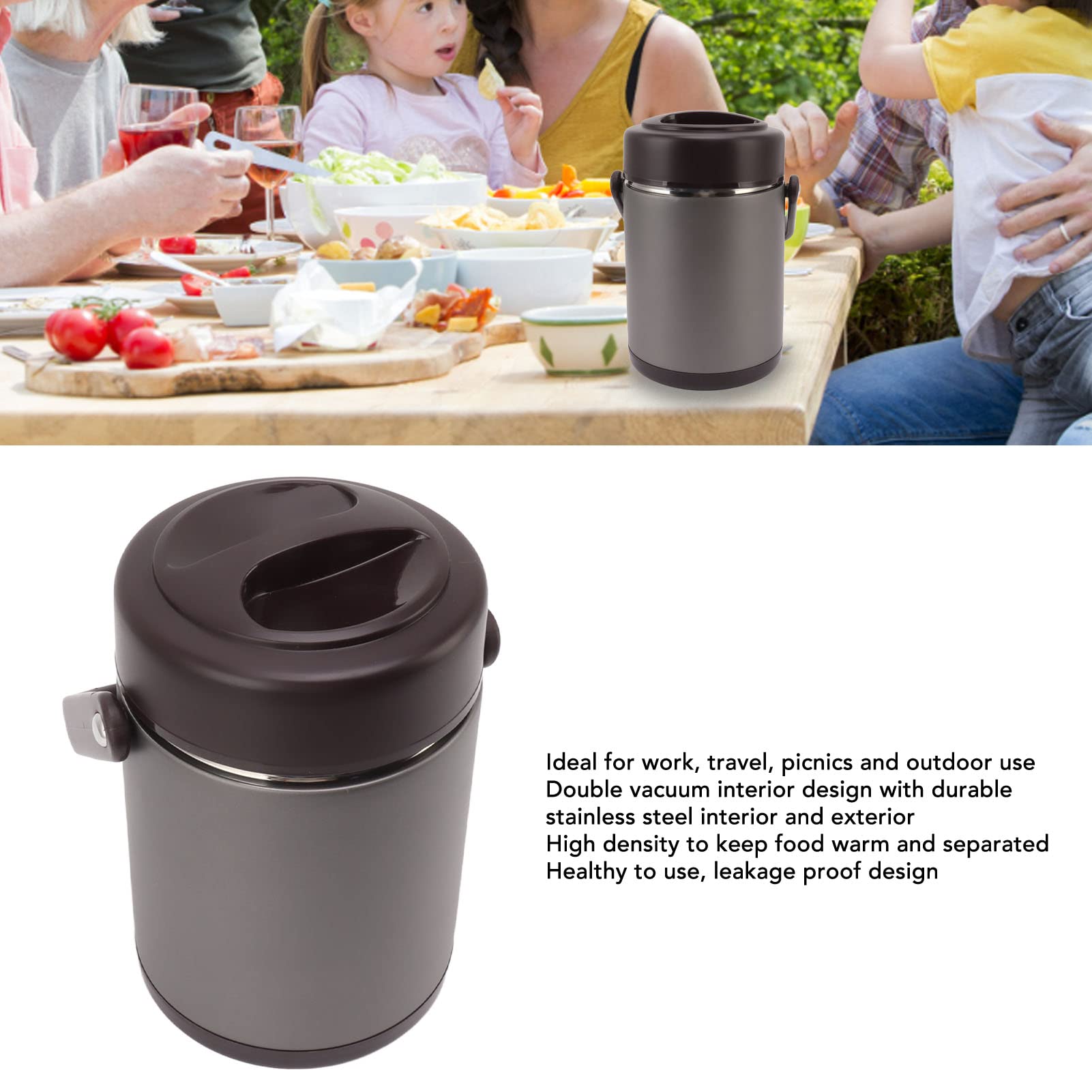 Insulation Vacuum Food Jar, 2L Multi Layer Dark Gray Large Capacity Insulated Food Container for Office