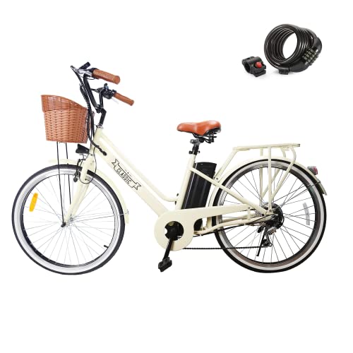 Electric Bike 6-Speed-Gear City E-Bike with 26" 350W 36V10A Lithium Battery, Plastic Basket,Charger (Size-04)