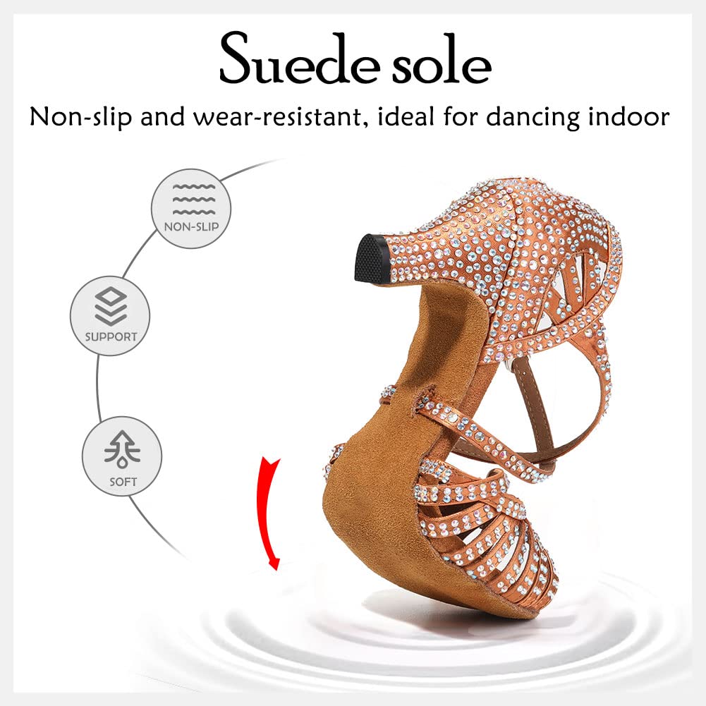 HIPPOSEUS Women's Latin Dance Shoes Tan Shiny Rhinestones Ballroom Party Salsa Dance Performace Shoes 2 1/3inch heel,Model L380,8 B(M) US