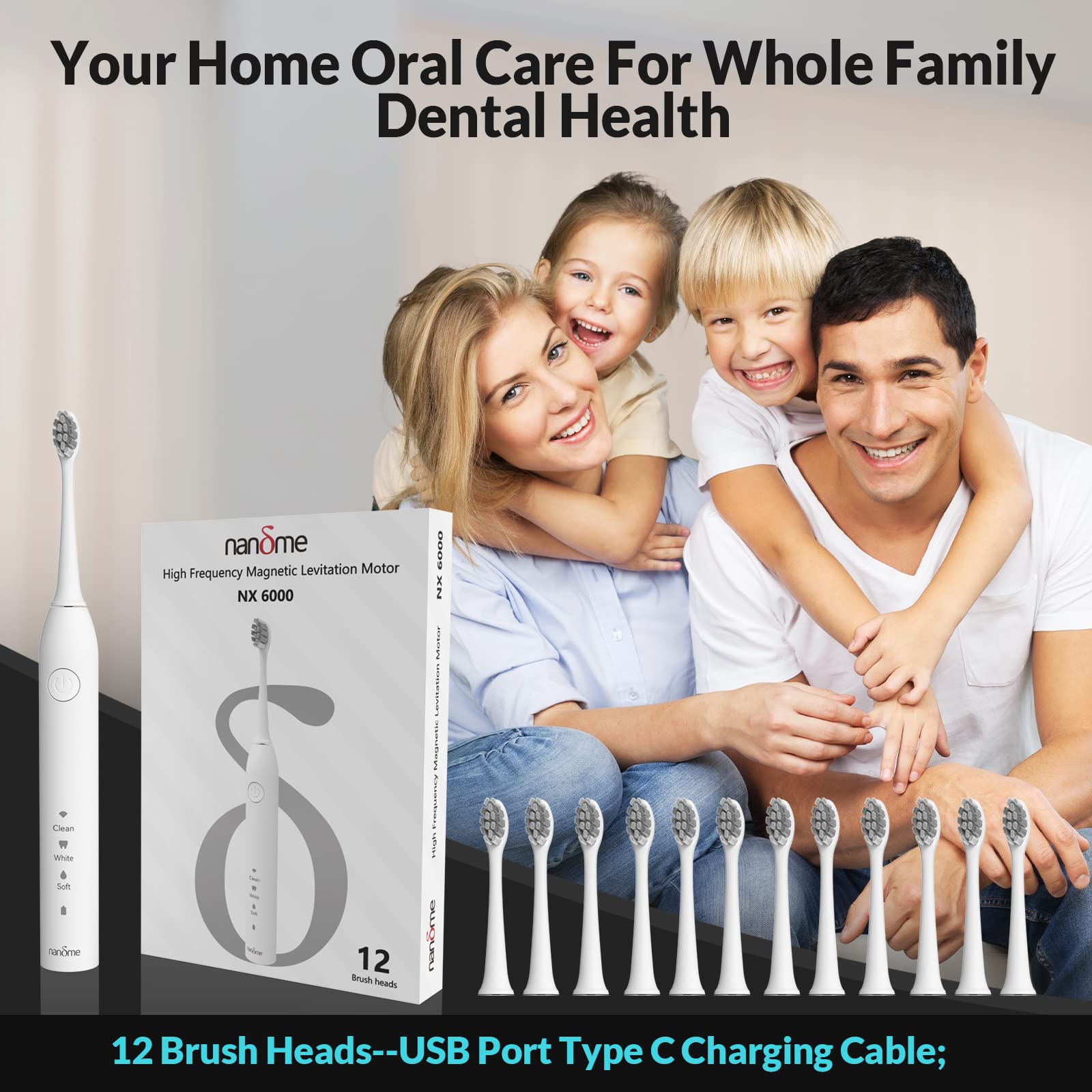 Nandme Sonic Electric Toothbrush - Deep Cleaning, Fast Charging, 12 Brush Heads, IPX7 Waterproof, White