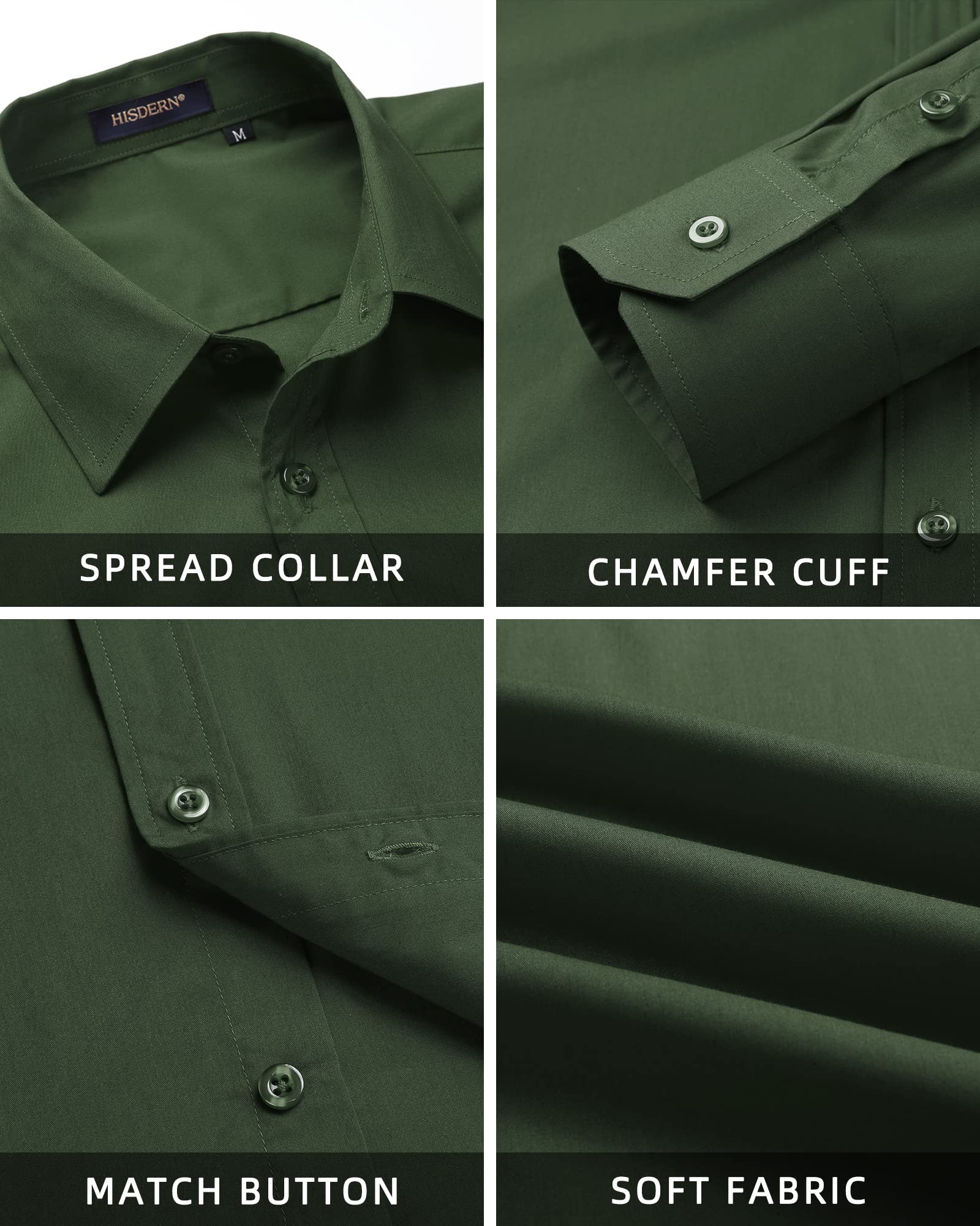 HISDERN Mens Green Dress Shirt Formal Business Long Sleeve Shirt and Tie Set Classic Button Down Regular Fit Shirts for Prom Party