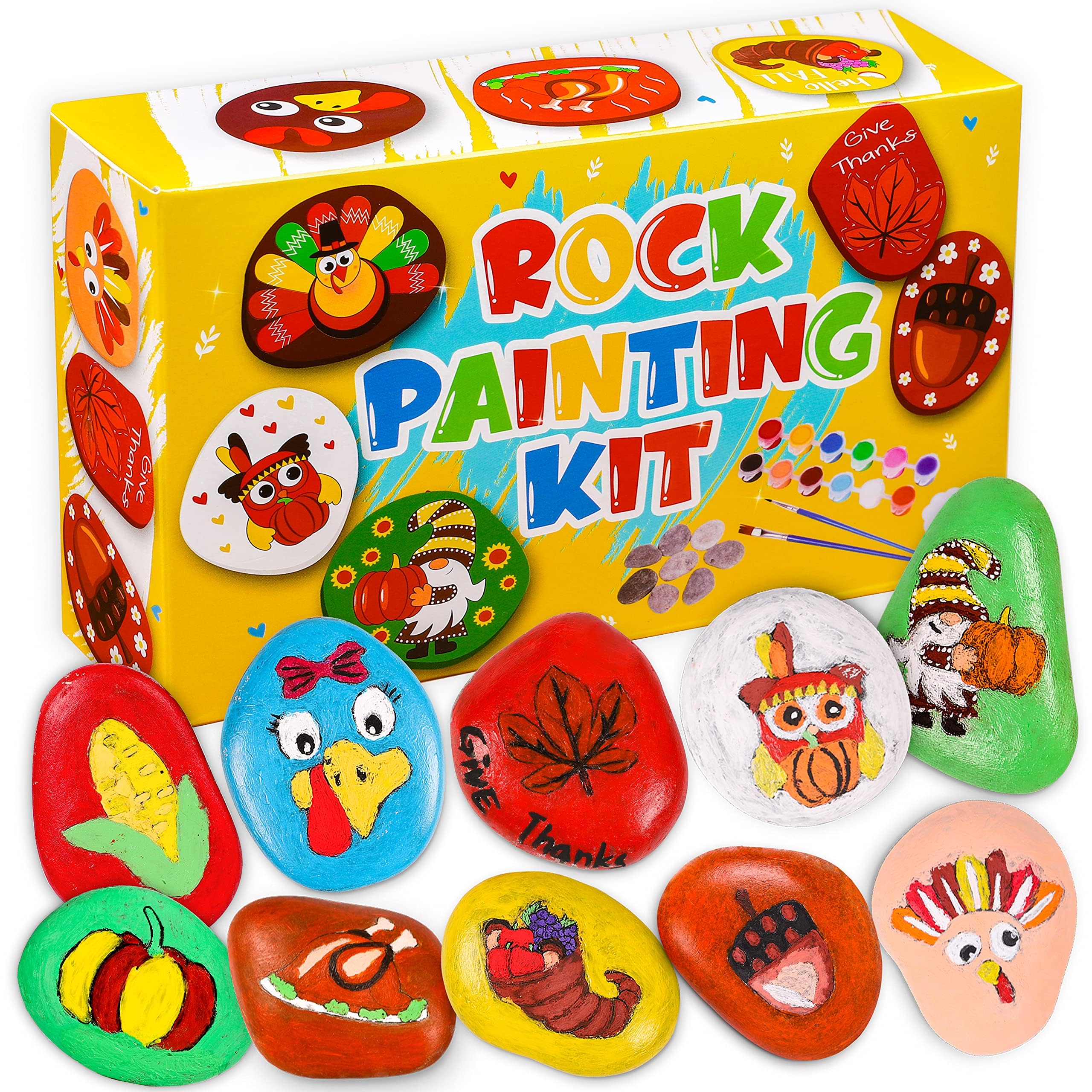Fall/Thanksgiving Rock Painting Kit - Arts and Crafts for Kids Ages 8-12 - includes DIY Stones, Water Paint, Tattoos, Party Favors/Birthday Gifts/Toys/Creativity Classroom Activity for Girls Boys