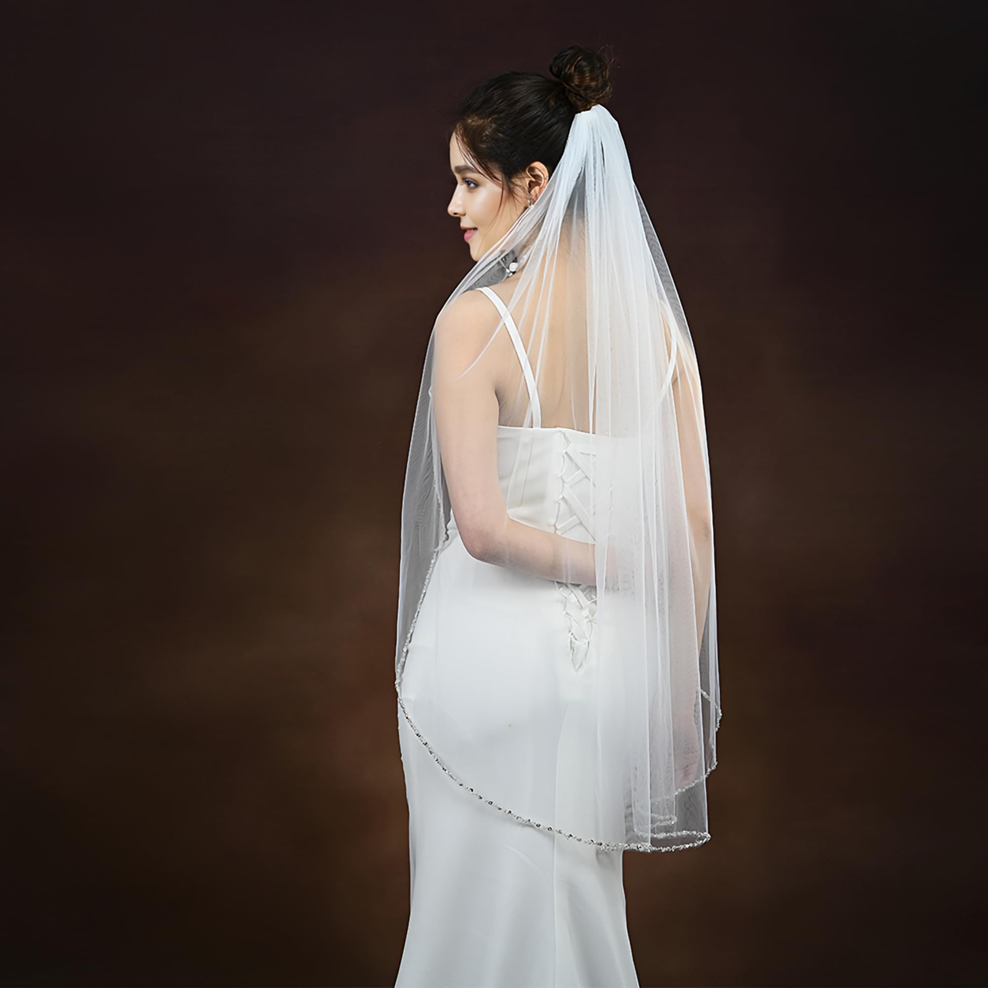 HONGMEI Wedding Veil for Brides Handmade Crystal Beaded Edge 1 Tier Bridal Veil with Comb