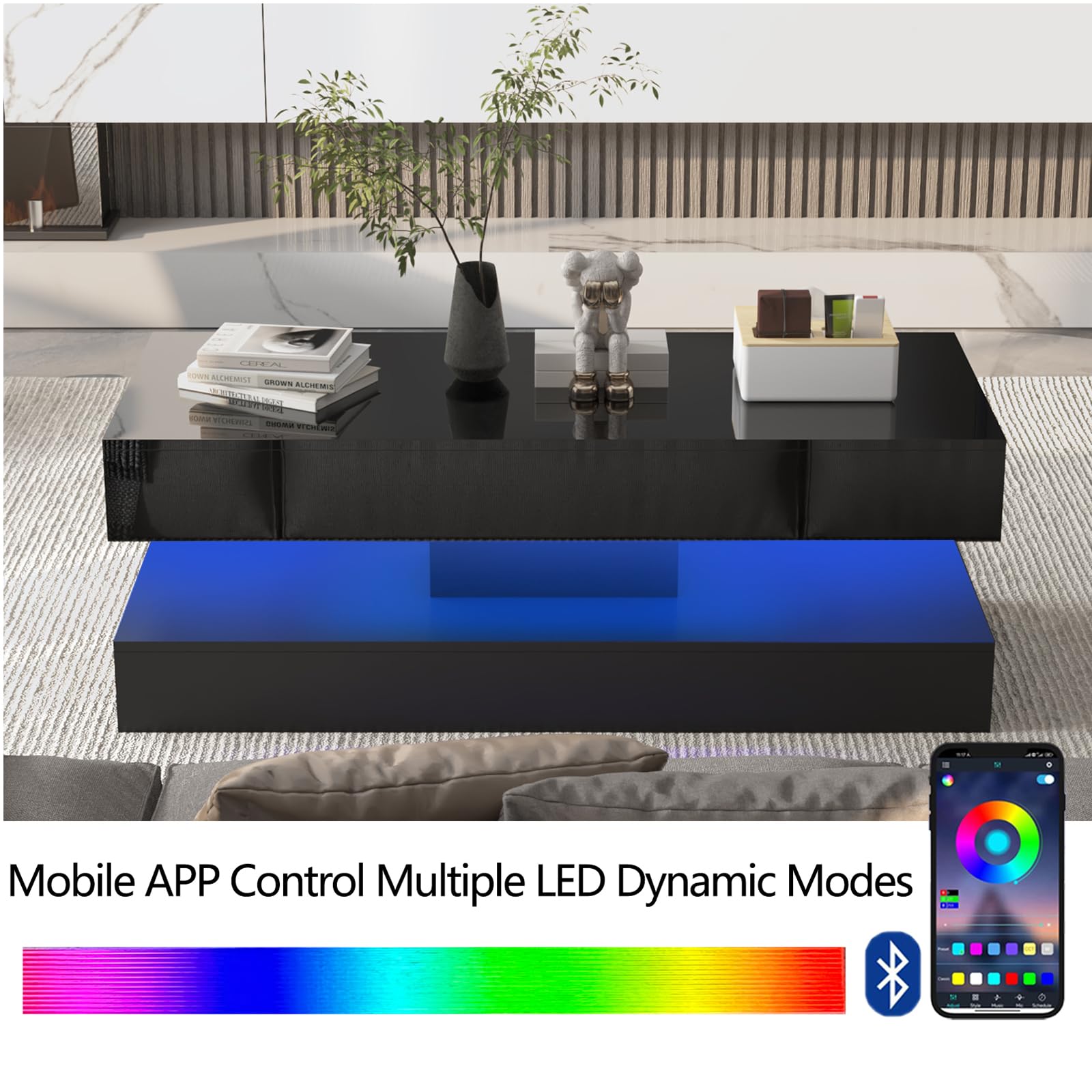 Uspeedy 47.3IN High Glossy LED Coffee Table,APP LED Lights,Black/White, Modern Furniture for Living Room (White)