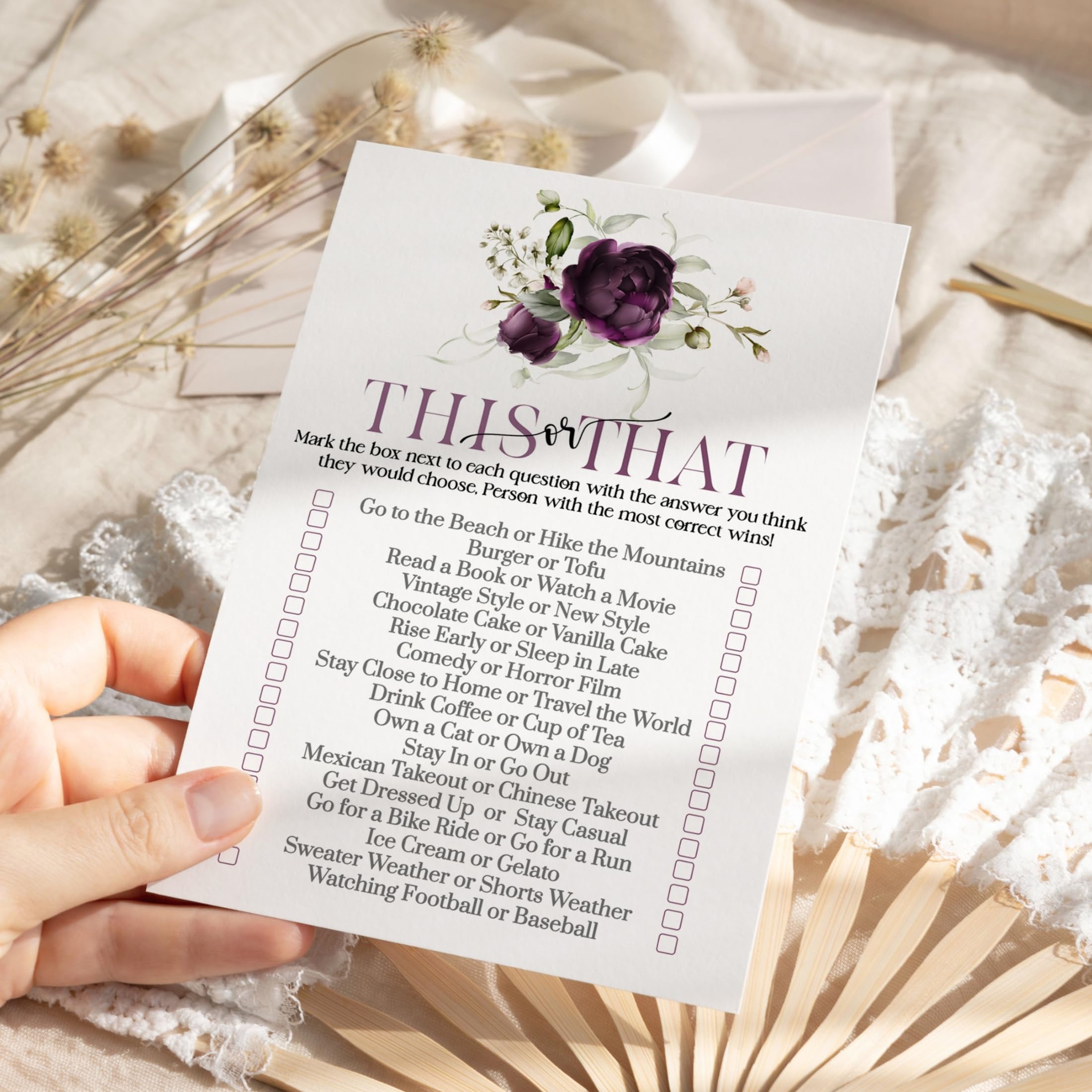 Purple Passion Bride Best Bridal Shower Games – 25 Pack, Wedding Would She Rather Fun Activity Ideas for Guests, Rehearsal, Couples, This or That Birthday Party Game Card Design