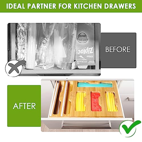 Ziplock Bag Organizer, Bag Storage Organizer for Kitchen Drawer, Plastic Wrap Dispenser with Cutter, 6 IN 1 Bamboo Foil and Plastic Wrap Organizer, Compatible with Gallon Quart Sandwich and Snack Bag