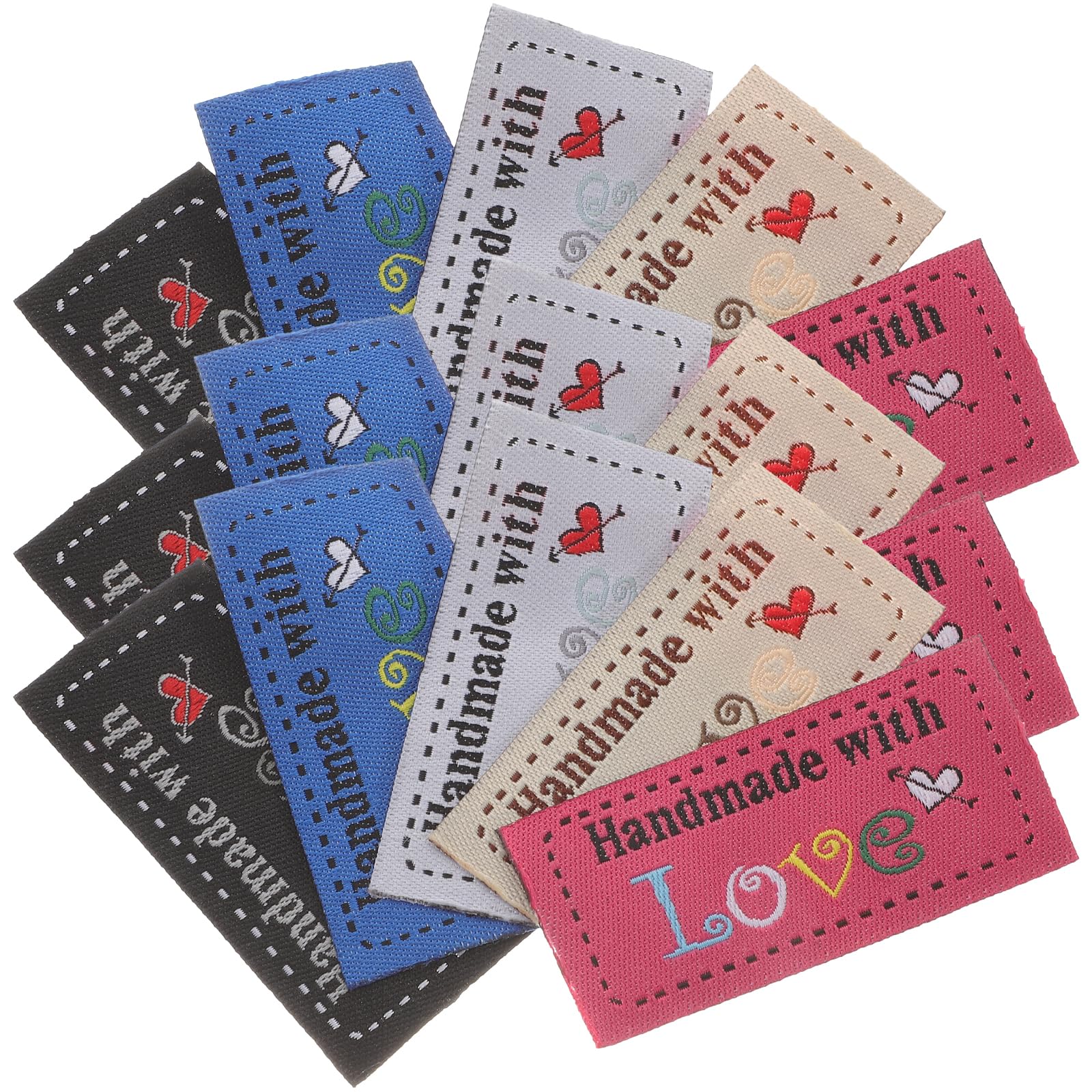 Operitacx 100pcs Handmade with Love Hearts Clothing Labels, Sewing Labels for Handmade Items, Colorful Tags for Crochet, Sew On Fabric Labels for Clothing Hat Crafts Woven