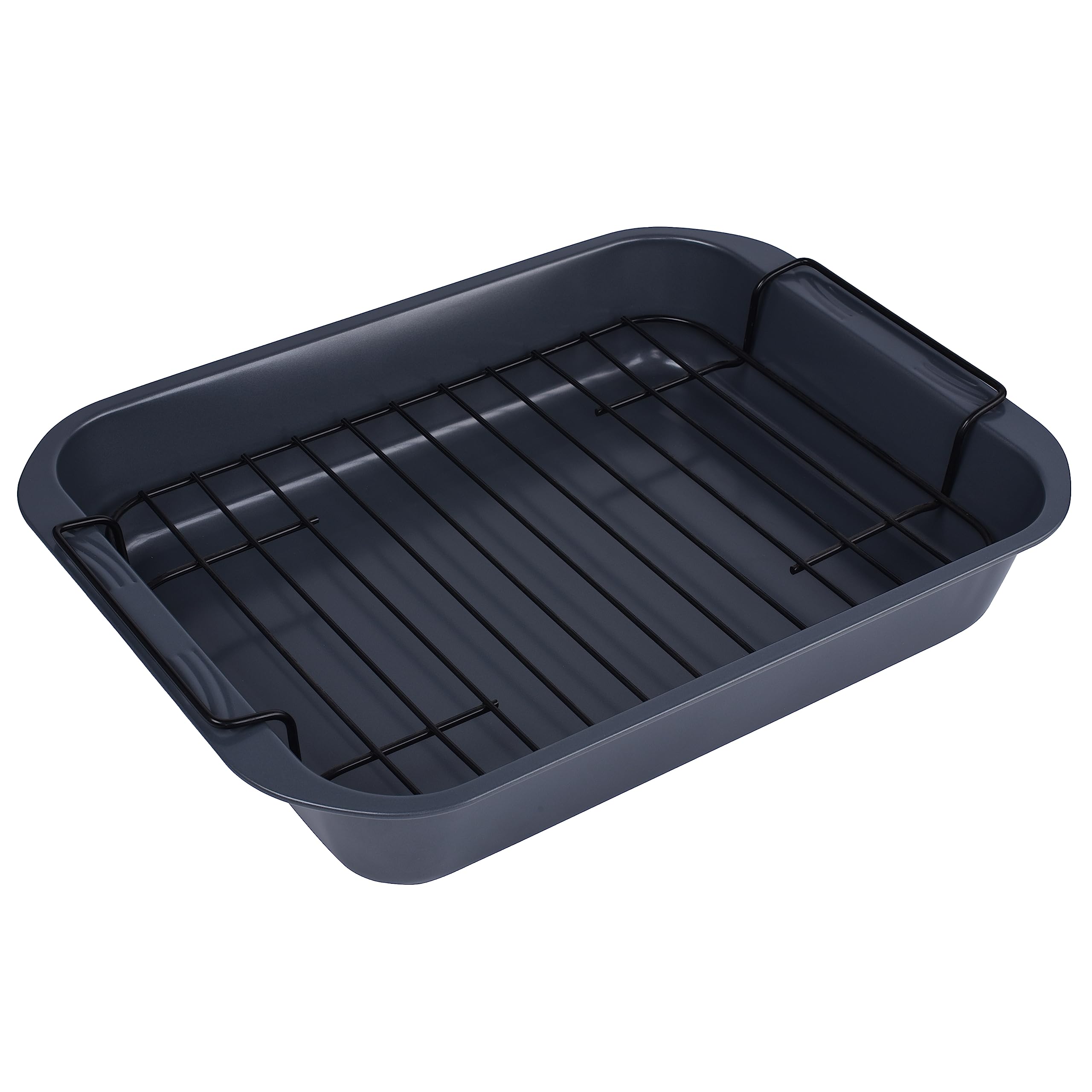 MEIHORSY Roasting Pans with Rack, 15x10.5x2.5 Inch Turkey Roaster for Small Turkey, Chicken, Meats & Veggies, Lasagna(Gray)