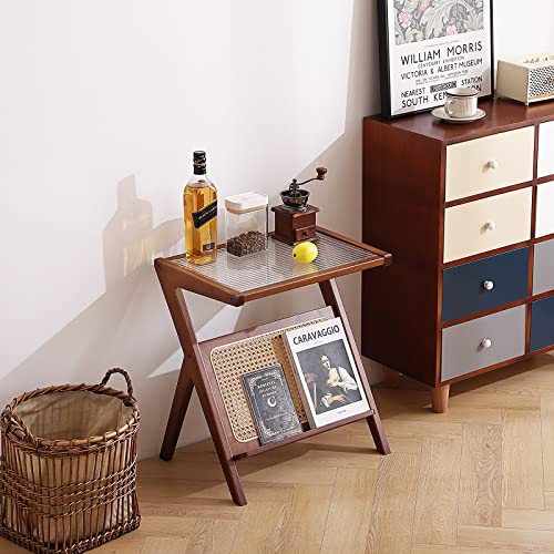 Tiita Rattan Nightstand Side Table, Bamboo Accent Bedside Tables, Glass Coffee Tables, Boho Wooden End Table with Storage for Small Space, Living Room and Bedroom