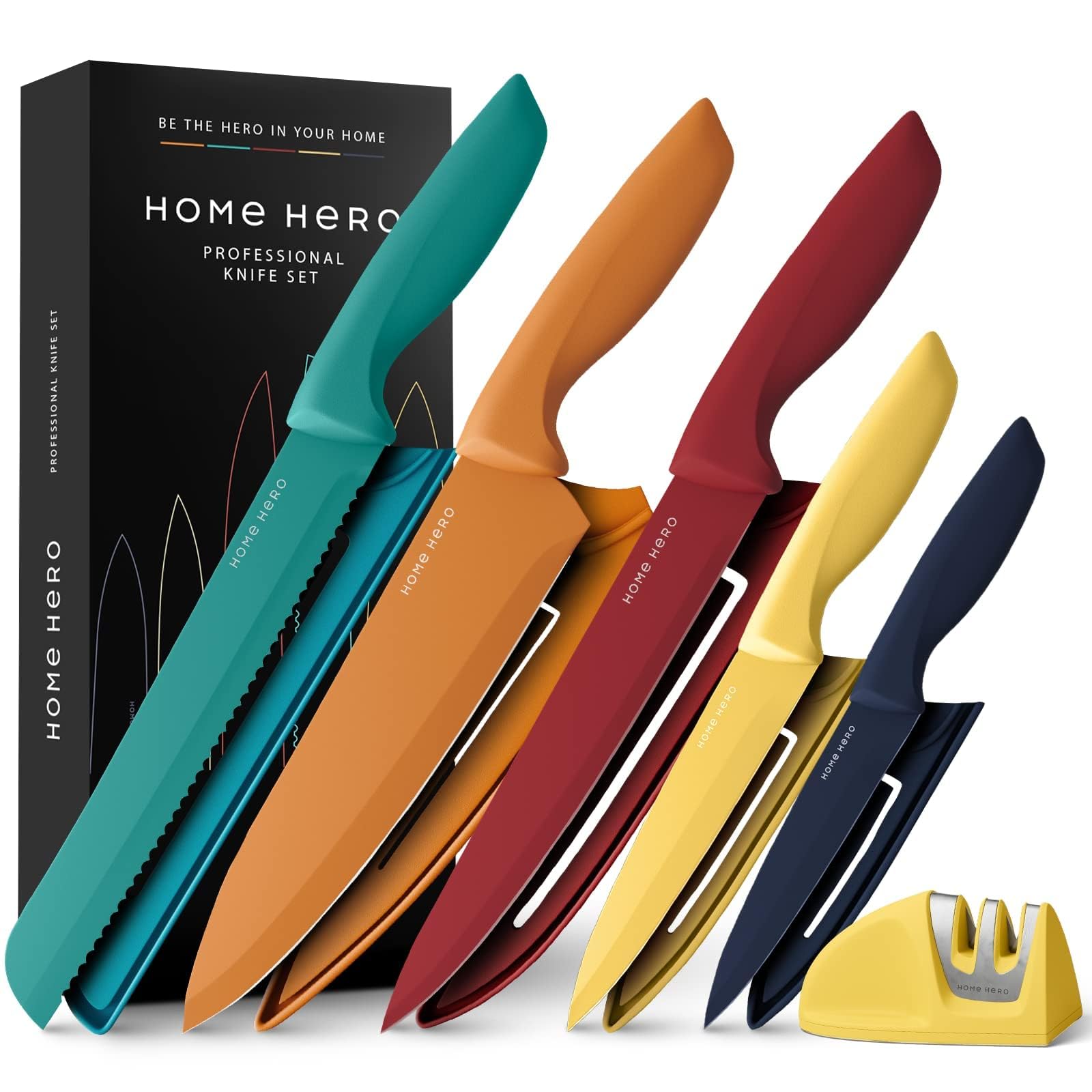 Home Hero Kitchen Knife Set with Sheath Covers - High Carbon Stainless Steel Knife Set with Ergonomic Handles & Ceramic Coating, Nonstick Ceramic Knife Set with Chef Knife (11 Pcs - Multicolor)