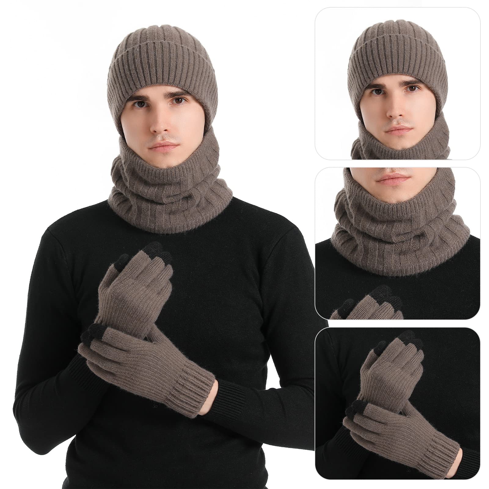 Honnesserry Winter Beanie Hat Scarf for Men with Touchscreen Gloves Neck Warmer Mens Scarf and Gloves with Fleece Lined