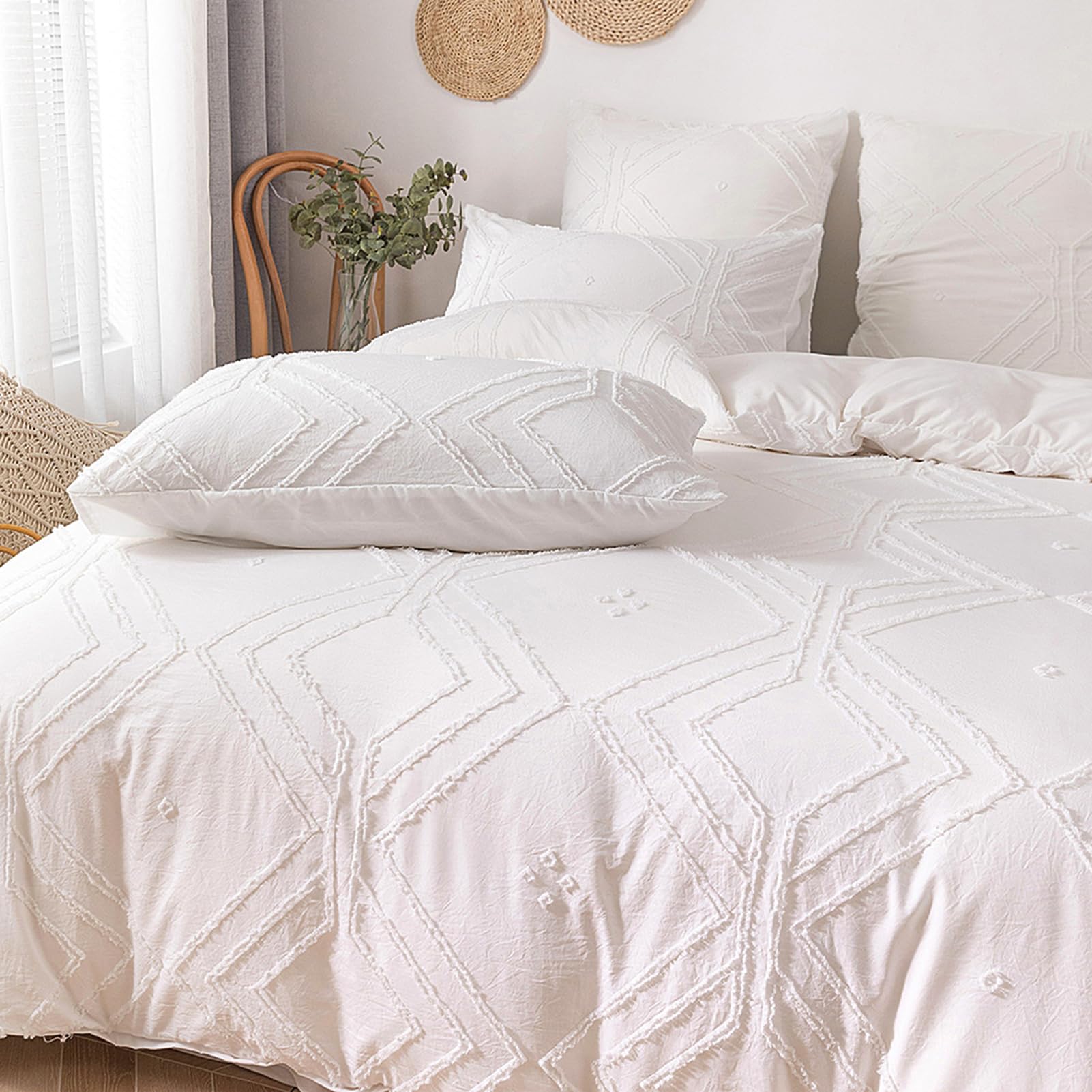 Rvciby Women White Boho Duvet Cover Queen,3PCS Soft Microfiber Bedding Set,Boho Textured,Rhombus Geometric Pattern Duvet Cover with Corner Ties & Zipper Closure (90"x90"-1 Duvet Cover,2 Pillow Cases)