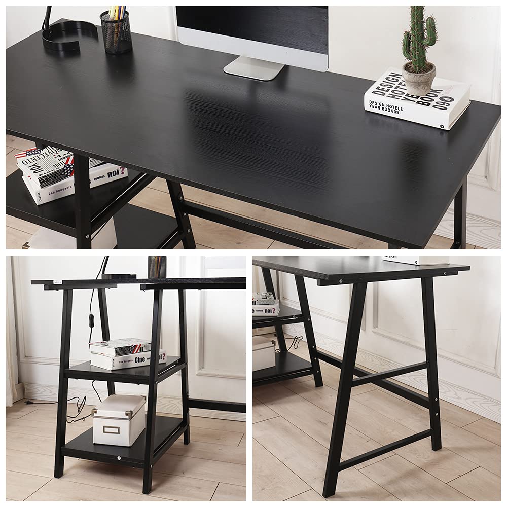 Trestle Desk with 2 Shelves, soges 47 inches Reversible Storage Desk with Racks, Home Office Computer Desk Organizer Workstation, Student Desk Wooden School Desk, Black