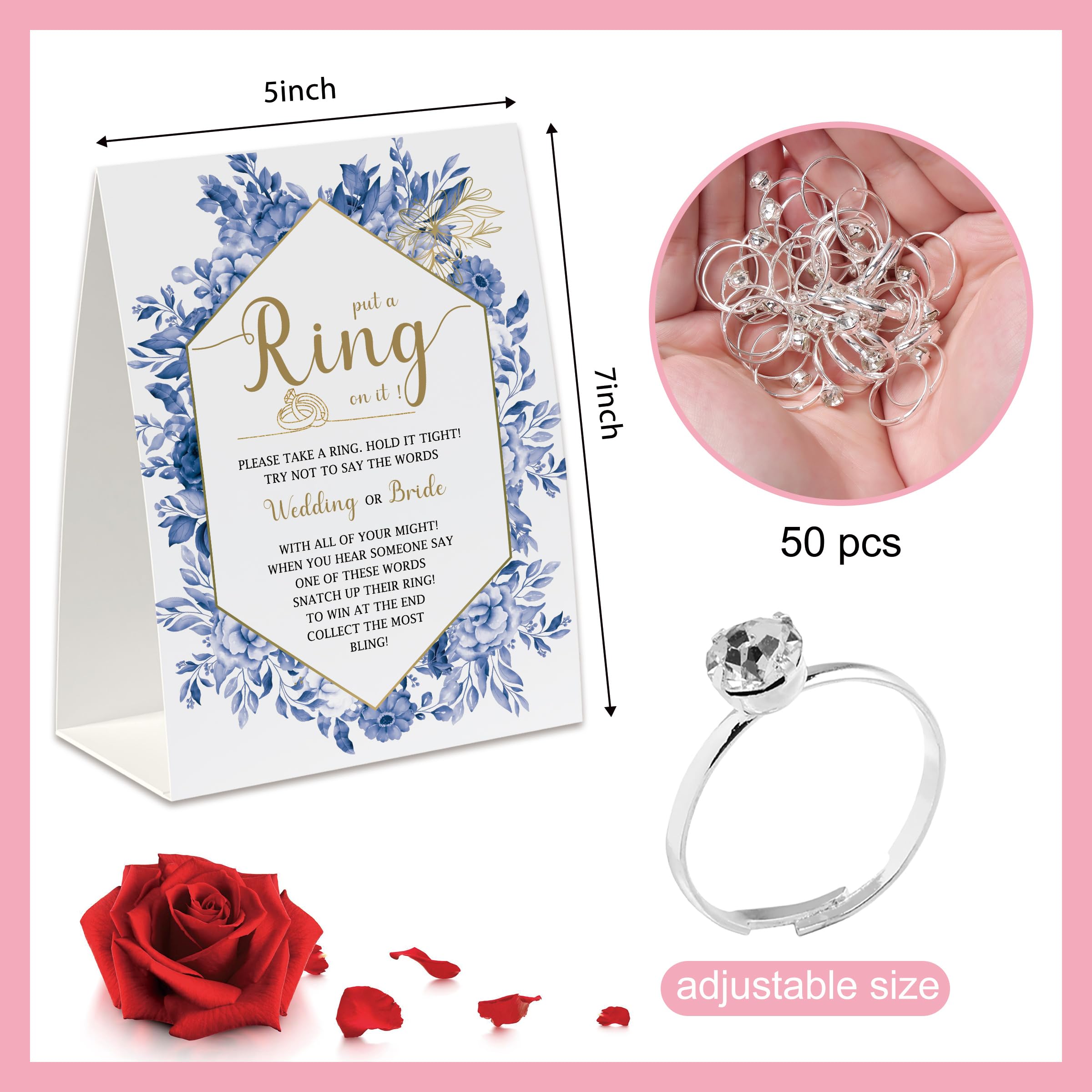 Put A Ring on It Game(50 Rings with One Sign), Don't Say Wedding or Bride Game, Fun Bridal Shower Game, Bridal Shower Decorations Geometric Frame Blue Floral-JZDS06