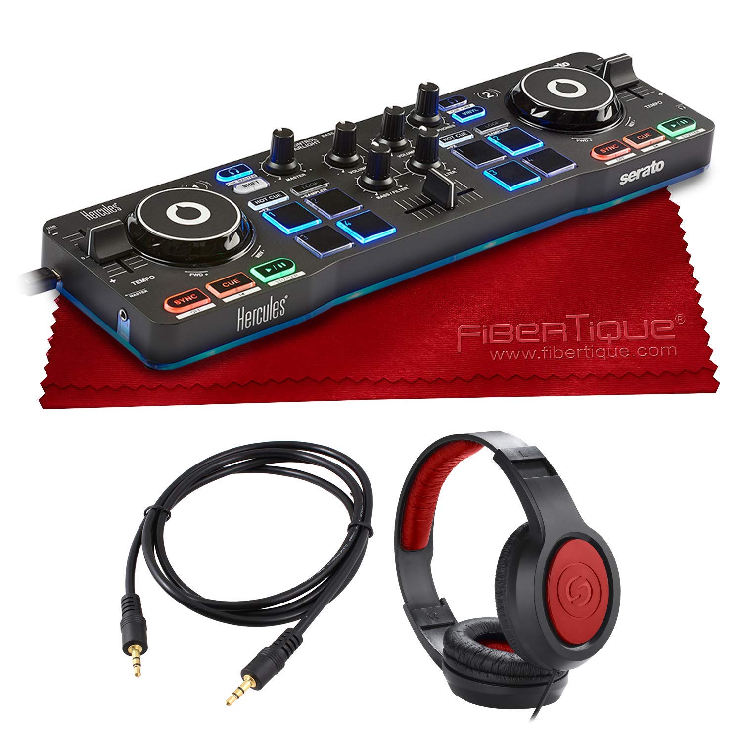 Hercules Compact DJControl Starlight Controller with Built-in sound card for Serato + Headphones + Basic Accessory Bundle