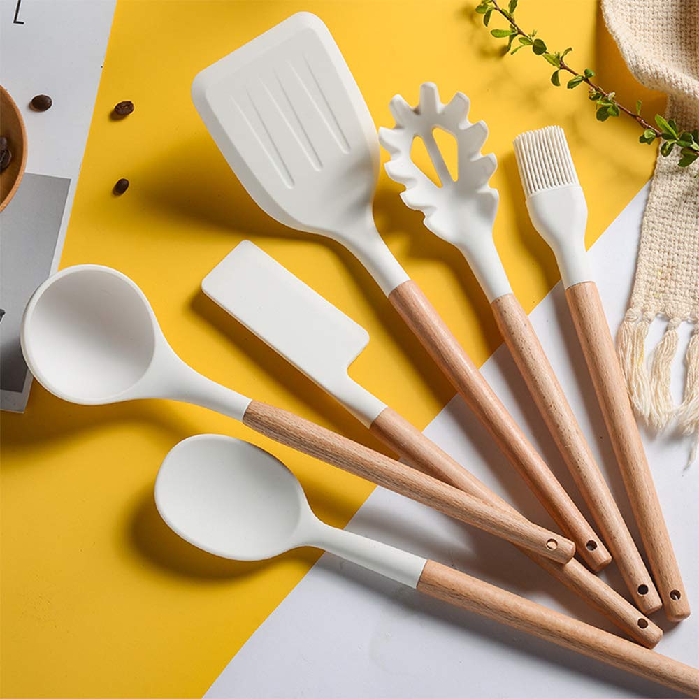 dsfen Silicone Cooking Utensil Set Non-stick Kitchen Utensils Set 10 PCS Heat Resistant Kitchen Tools with Wooden Handle