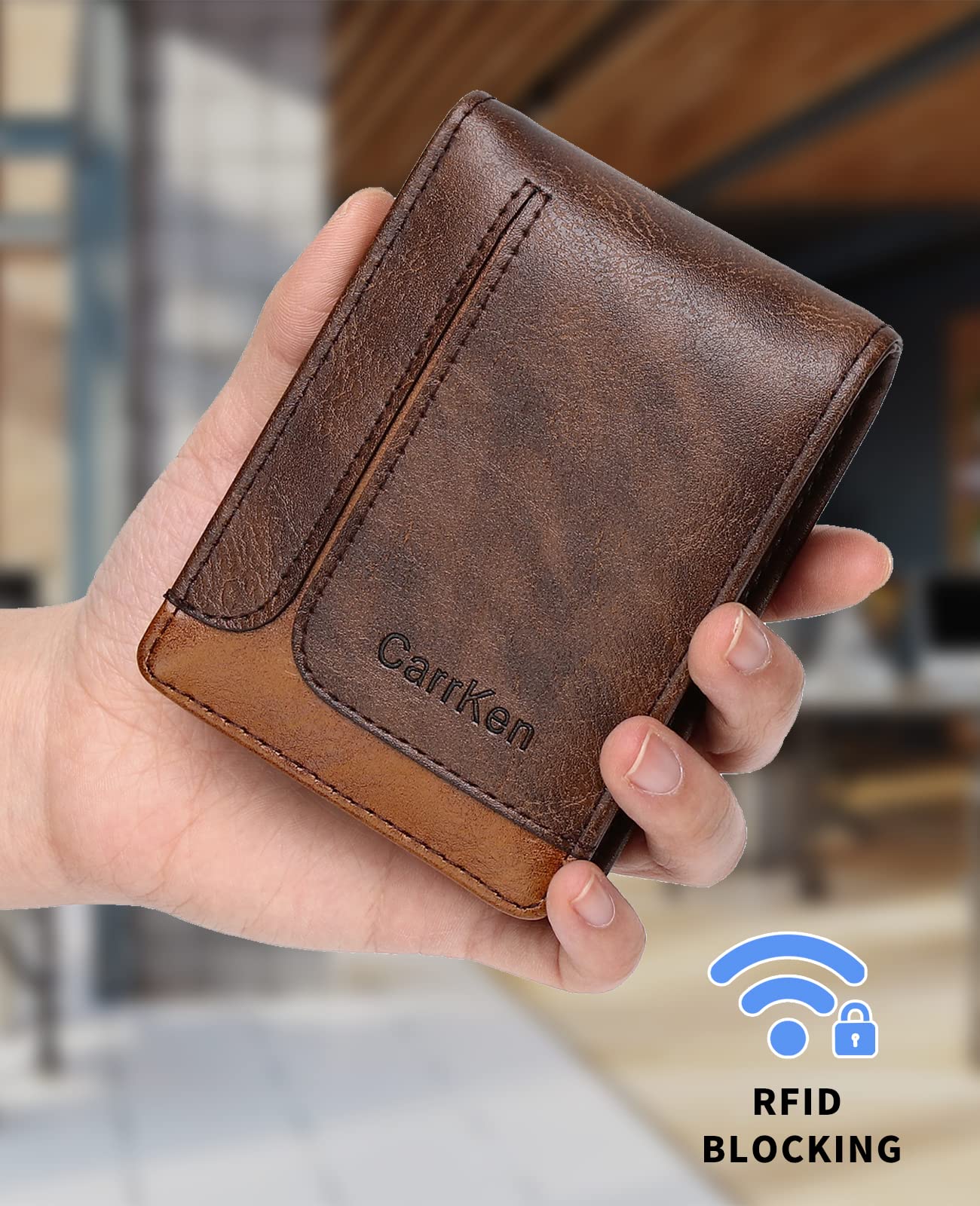 Mens Leather Wallet Front Pocket Bifold RFID Blocking Wallet With ID Window Packed in Stylish Gift Box for Gift (Stripe Coffee)