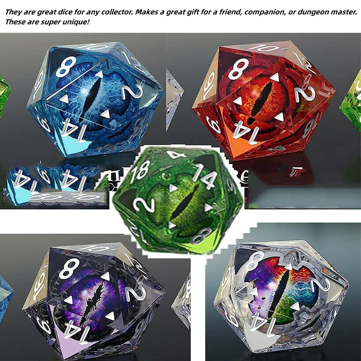 Lifelike Dragon Eye Dice, Demon Eye Dragon Eye Dice,Shinny Dice Set Filled with Eyeball,Chromatic Polyhedral Resin Dragon Eye Dice Set(Green)