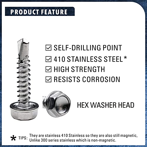 MateOne #10 1-1/2" 410 Stainless Steel Hex Washer Head Self Tapping Screws, 410 Stainless Steel Self Drilling Tek Screws Sheet Metal Screws -50pcs